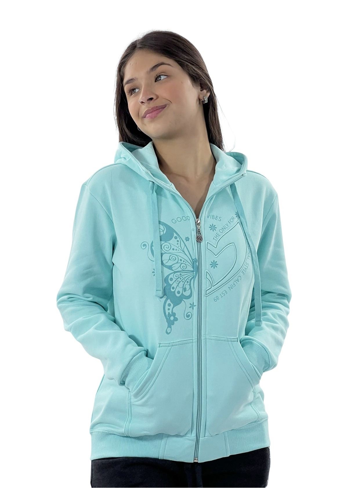 Calfin | Moletom Ziper Feminino Aplique Borboleta Calfin